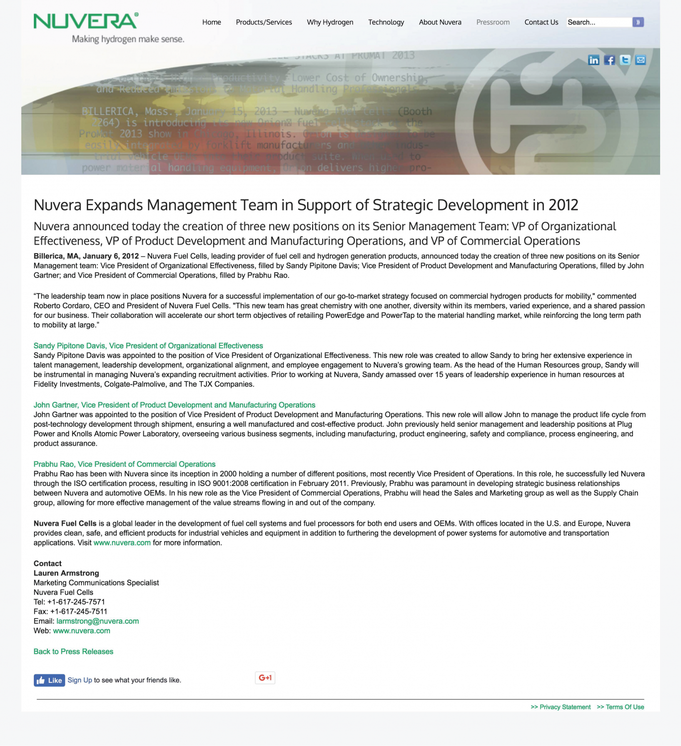 Nuvera Expands Management Team in Support of Strategic Development in 2012 - Nuvera